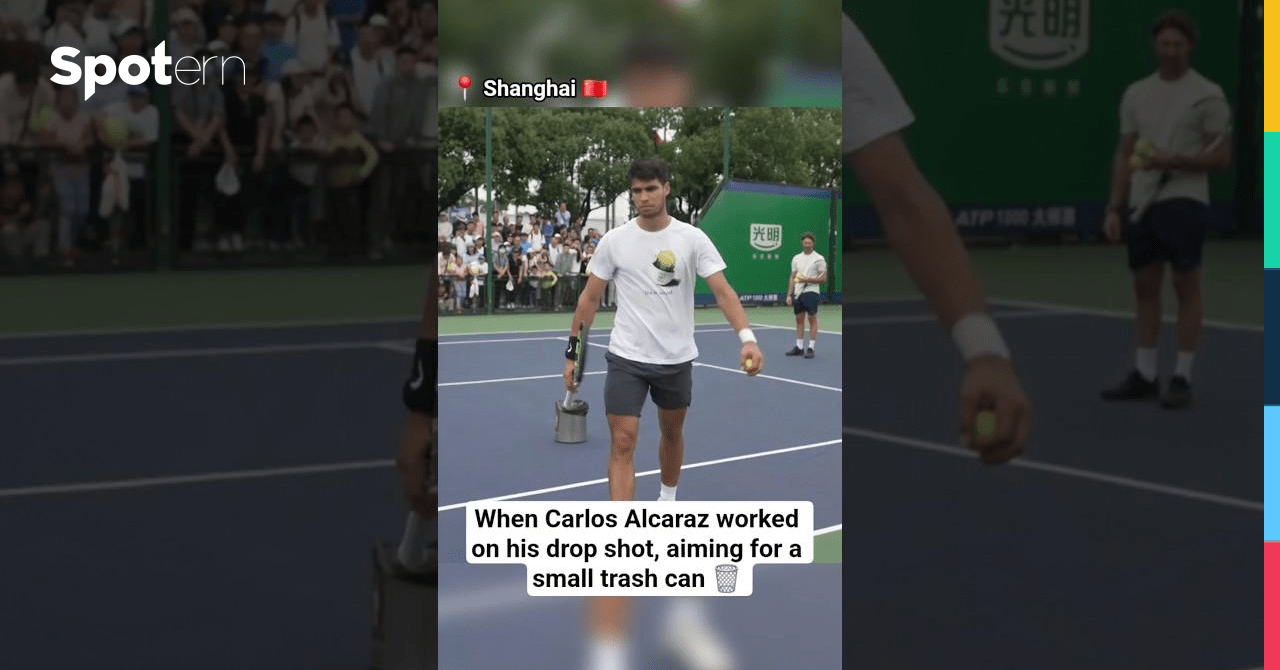 Carlos Alcaraz working on his drop shot, aiming for a small trash can 🎥 ...