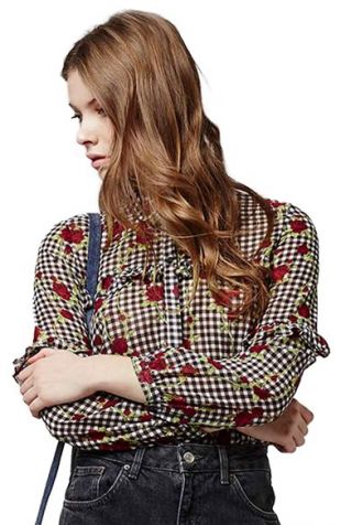 Gingham - Floral Gingham Ruffled Shirt