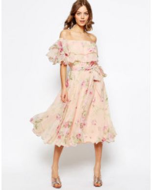 Asos - ASOS Women's Pink Floral Bardot Off The Shoulder Midi Prom Dress ...