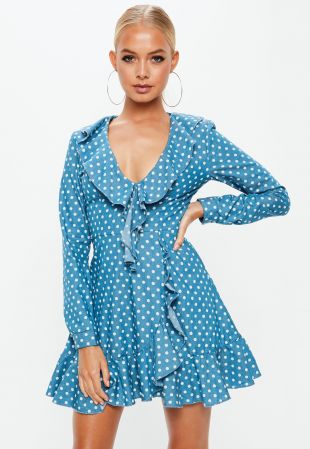 Missguided - Missguided Robe à pois bleue volantée