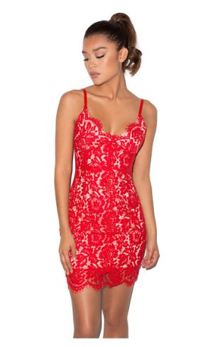House of CB - Clothing : Bodycon Dresses : 'Odelia' Red Lace Bustier Dress