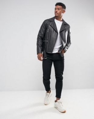 ASOS - ASOS DESIGN leather biker jacket with belt in black