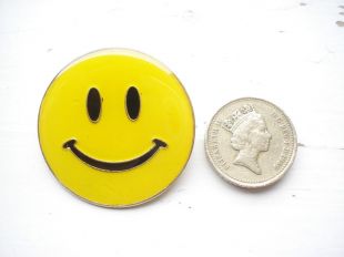 LARGER 1.5 inch RAVE SMILEY metal pin BUY 2 GET 1 FREE = 3 of these ...