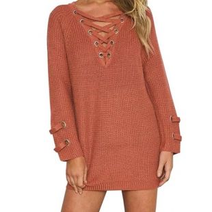 Brick Red Knit Lace up Sweater