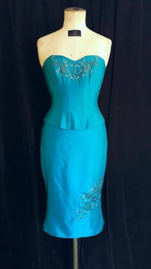 LaurineMasset - BLUE BELLE Bustier et jupe crayon en soie turquoise