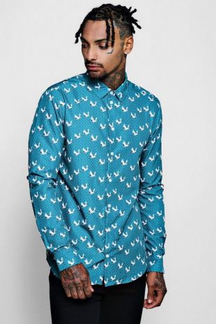 boohooman - Bird Print Long Sleeve Satin Shirt boohooMAN