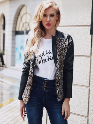 milanoo - Leopard Moto Jacket Leather Like Long Sleeve Black Biker ...