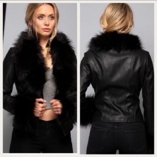 Sexy Faux Fur Cuff and Collar Vegan Leather Jacket