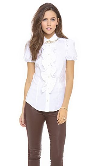 Red Valentino - Poplin Short Sleeve Ruffle Blouse