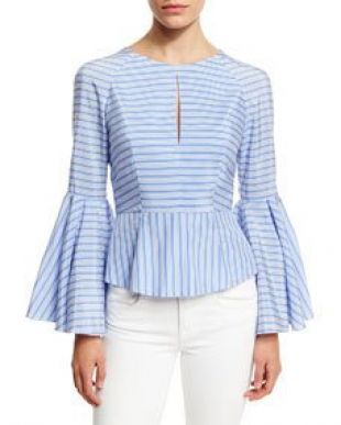 Milly - Milly Luna Striped Bell Sleeve Peplum Blouse, Sky