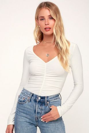 Lulus - Lulus Weekend Muse White Long Sleeve Ruches Top