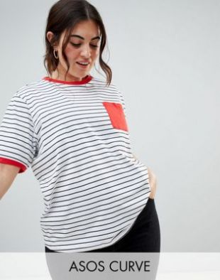 Asos Curve - Asos Design Curve stripe T shirt With Contrast Pocket And Contrast Binding