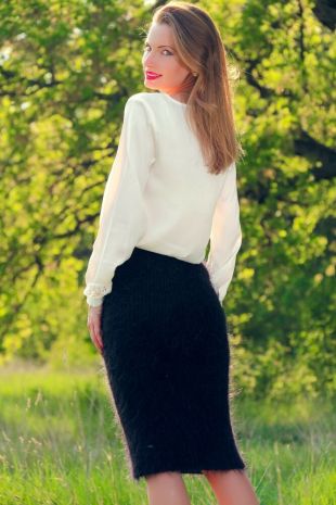 Ribbed mohair skirt fuzzy below knee pencil skirt fluffy wool hand ...