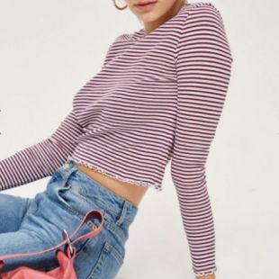 Topshop - Striped Long Sleeve Lettuce Edge Crop