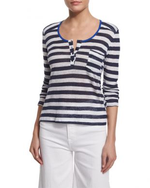 Frame - FRAME Nautical Striped Linen Henley Top, Navy Stripe