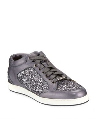 Jimmy Choo - Miami Leather and Star Glitter Sneakers