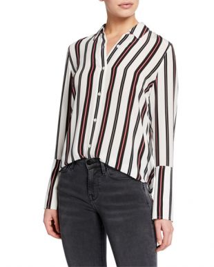 Frame - Frame Striped Button Front Cuffed Silk Blouse