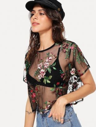 Shein - Floral Embroidered Sheer Mesh Crop Top Without Bra