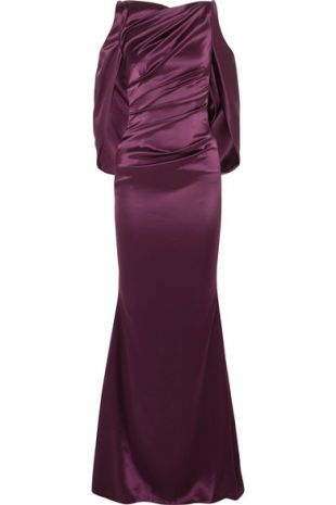 Talbot Runhof - Cold Shoulder Cape Effect Ruched Satin Gown