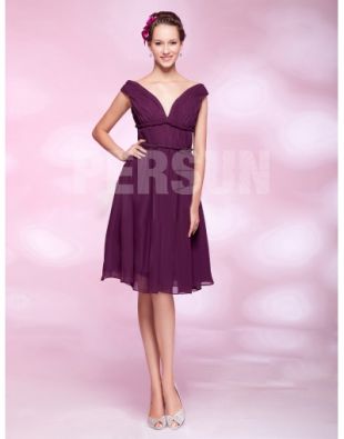 Femme robe de cocktail col en v pourpre en mouseline