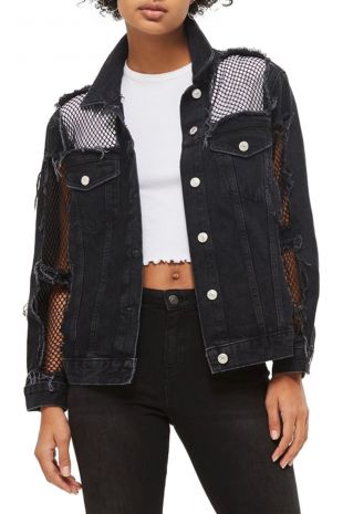 Topshop - Fishnet Detail Oversize Denim Jacket