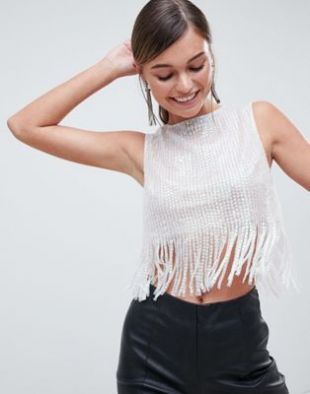 Asos - Asos embellished crop shell top with fringe detail in silver