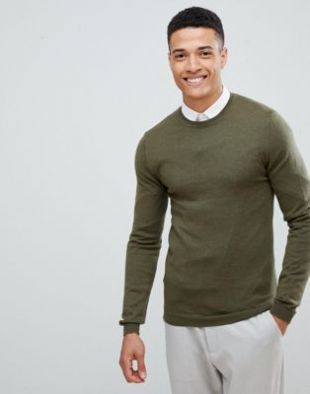 ASOS DESIGN - muscle fit merino wool sweater in khaki