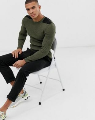 ASOS DESIGN - muscle fit ribbed sweater with patches in khaki twist