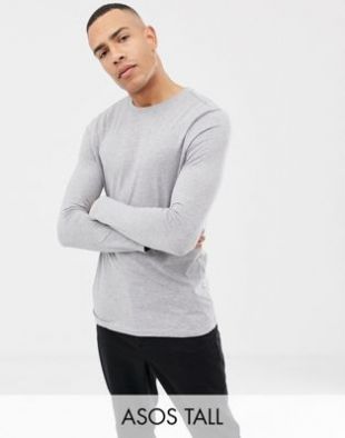 ASOS DESIGN - Tall long sleeve t shirt with crew neck in gray marl