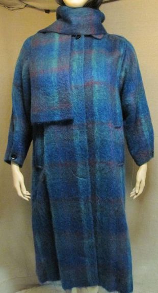 Wayne Stuart - Vintage 1980's Blue Tartan Plaid Mohair Wool Long Coat & Scarf Size