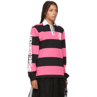 Opening Ceremony - Pink & Black Striped Rugby Long Sleeve Polo