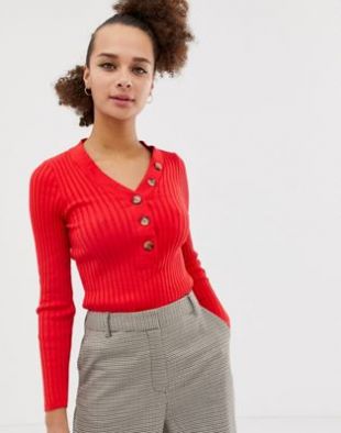 New Look - New Look button through rib top in bright red