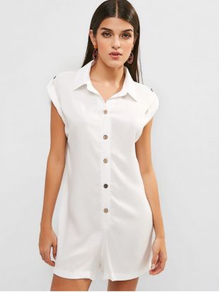 Zaful - Barboteuse Boutonnée Simple à Col Chemise WHITE