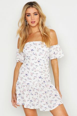 Boohoo - Boohoo Floral Off The Shoulder Ruched Mini Dress