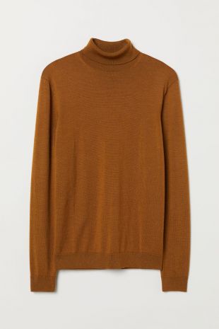 h & m - Merino Wool Turtleneck Sweater Rust brown Men