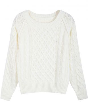 abaday - White Long Sleeve Diamond Patterned Cable Knit Sweater
