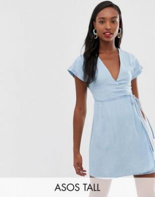 Asos - Asos denim wrap dress in lightwash blue