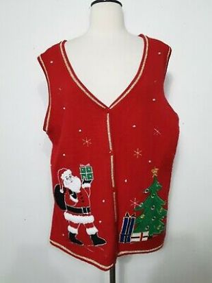SANTA CLAUSE - SANTA & CHRISTMAS TREE VEST SWEATER RED APPLIQUES WOMEN ...