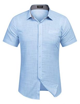 coofandy - COOFANDY Men's Regular-Fit Short-Sleeve Solid Linen Cotton Shirt Casual Button Down ...