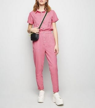New Look - Bright Pink Tapered Leg Denim Jumpsuit