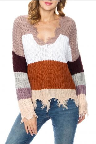 gifted - Colorblock Striped Distressed V Neck Sweater