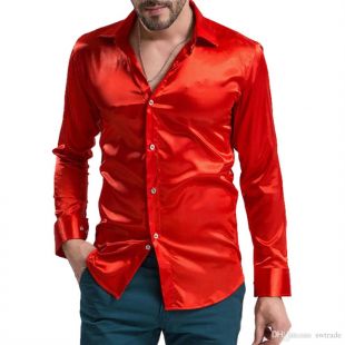 dhgate - Casual Shirt Shiny Satin Bright Red