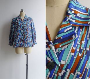 FIVESTONESVINTAGE - Vintage 70's 'City Skyline' Blue Op Art Print ...