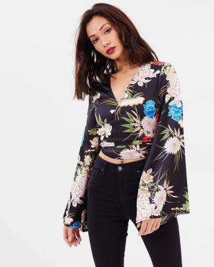 Missguided - Satin Floral Wrap Front Top