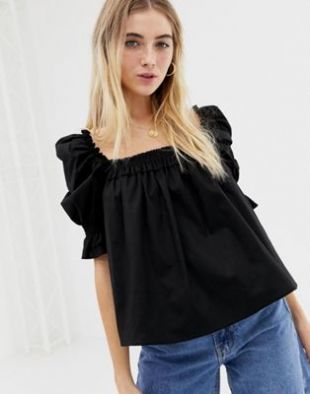 ASOS DESIGN - Square neck long sleeve top in cotton