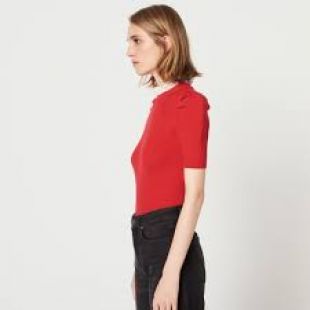 Sandro - Sphynx Ruffled Collar Ribbed Short-Sleeve Sweater in Red