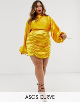 Asos Curve - Curve Satin Mini Dress with Ruched Skirt and Blouson Top