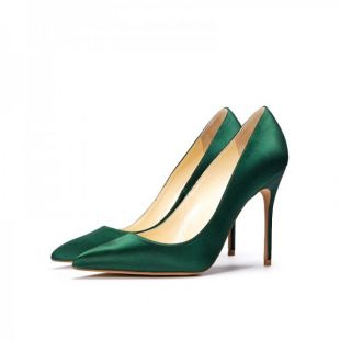 Green Satin Stiletto Heels Pointy Toe