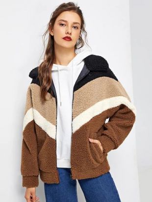 Shein - Zip Up Color-Block Teddy Jacket