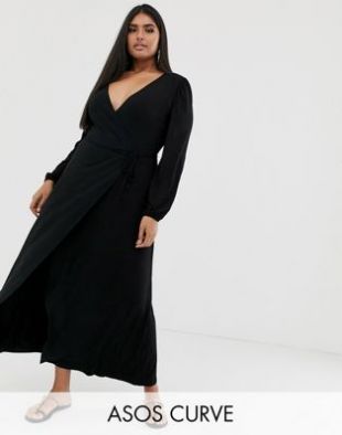 Asos Curve - Robe cache-cœur longue à manches bouffantes et grande fente